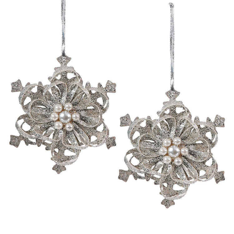 Platinum Pearl & Glitter Looped Snowflake Ornaments by K & K Interiors ...