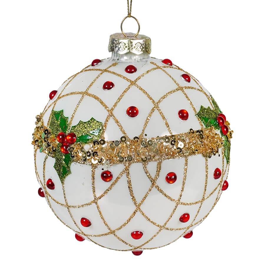 Red White & Gold Holly Glass Ball Ornament by Kurt Adler by Kurt Adler ...